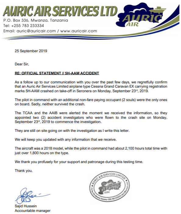 Auric Air issues public statement following Seronera accident - ATC ...