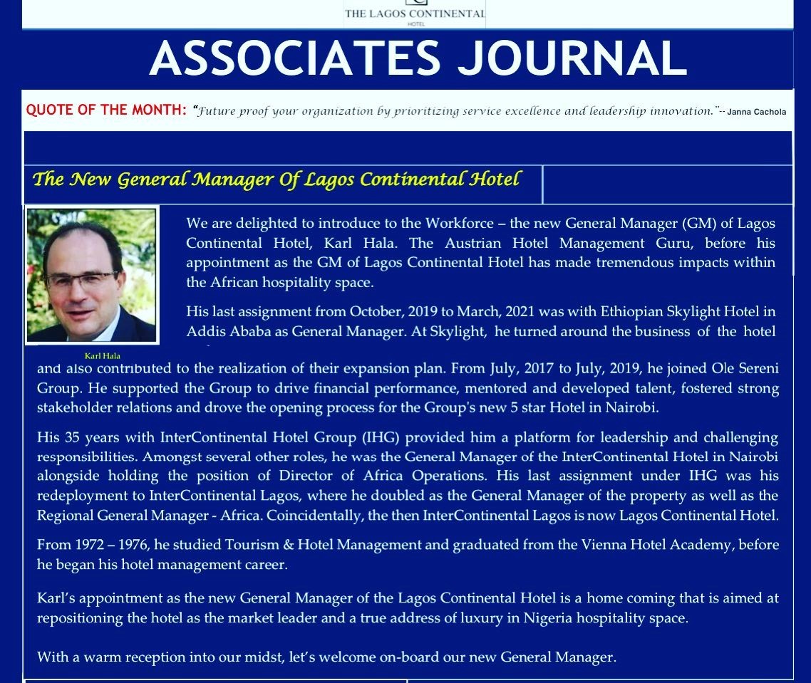 Lagos Continental Hotel welcomes Karl Hala as General Manager - ATC ...